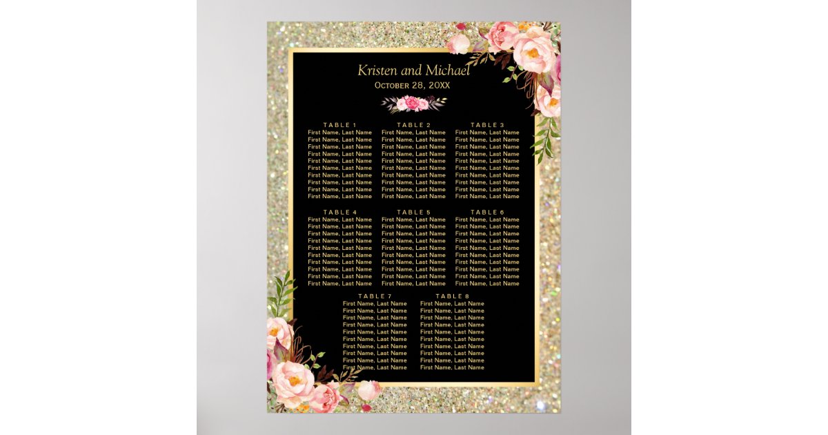 Gold Glitter Pink Floral 8 Tables Seating Chart | Zazzle