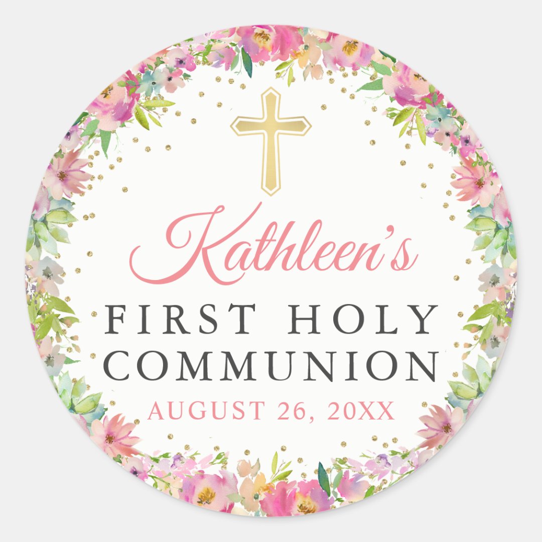 Gold Glitter Pink Floral First Holy Communion Classic Round Sticker ...