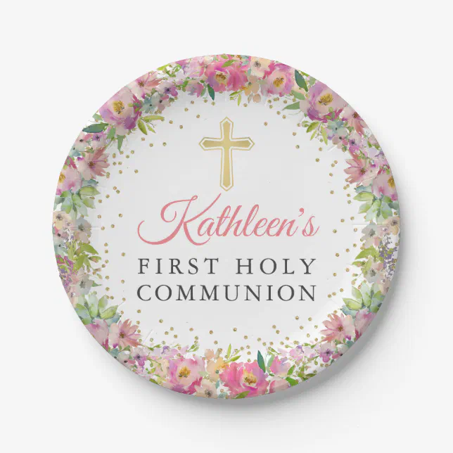 Gold Glitter Pink Floral First Holy Communion Paper Plates | Zazzle