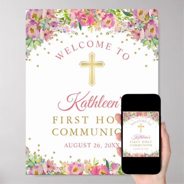 Gold Glitter Pink Floral First Holy Communion Poster | Zazzle