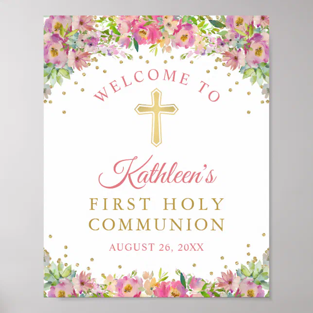 Gold Glitter Pink Floral First Holy Communion Poster | Zazzle