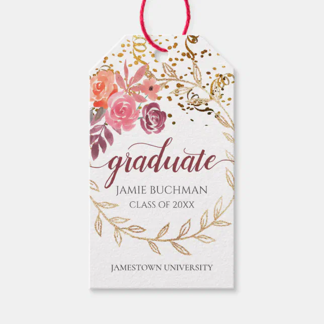 Gold Glitter Pink Floral Graduate Gift Tags | Zazzle