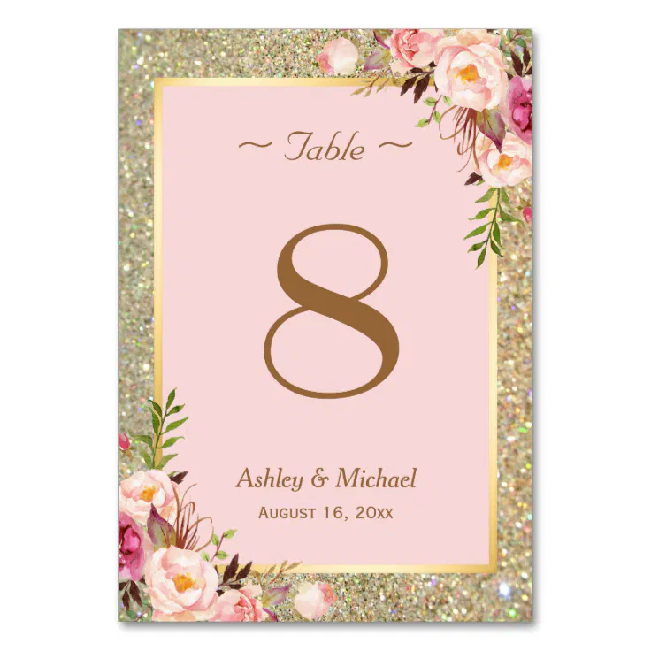 Gold Glitter Pink Floral Wedding Table Number | Zazzle