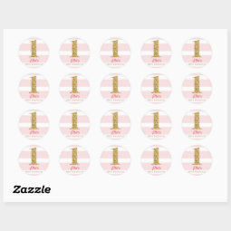 Gold Glitter & Pink Stripe First Birthday Stickers | Zazzle