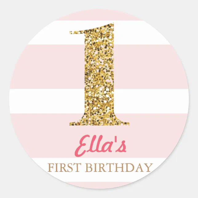 Gold Glitter & Pink Stripe First Birthday Stickers | Zazzle