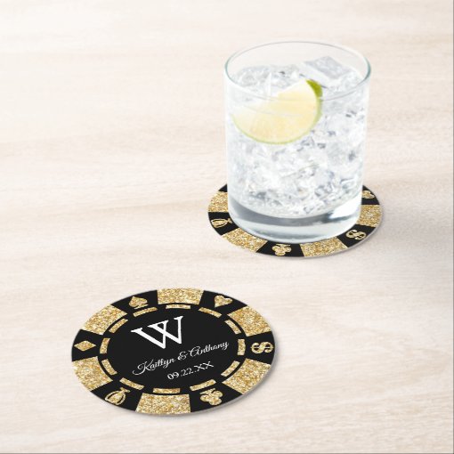 Gold Glitter Poker Chip Casino Wedding Round Paper Coaster | Zazzle