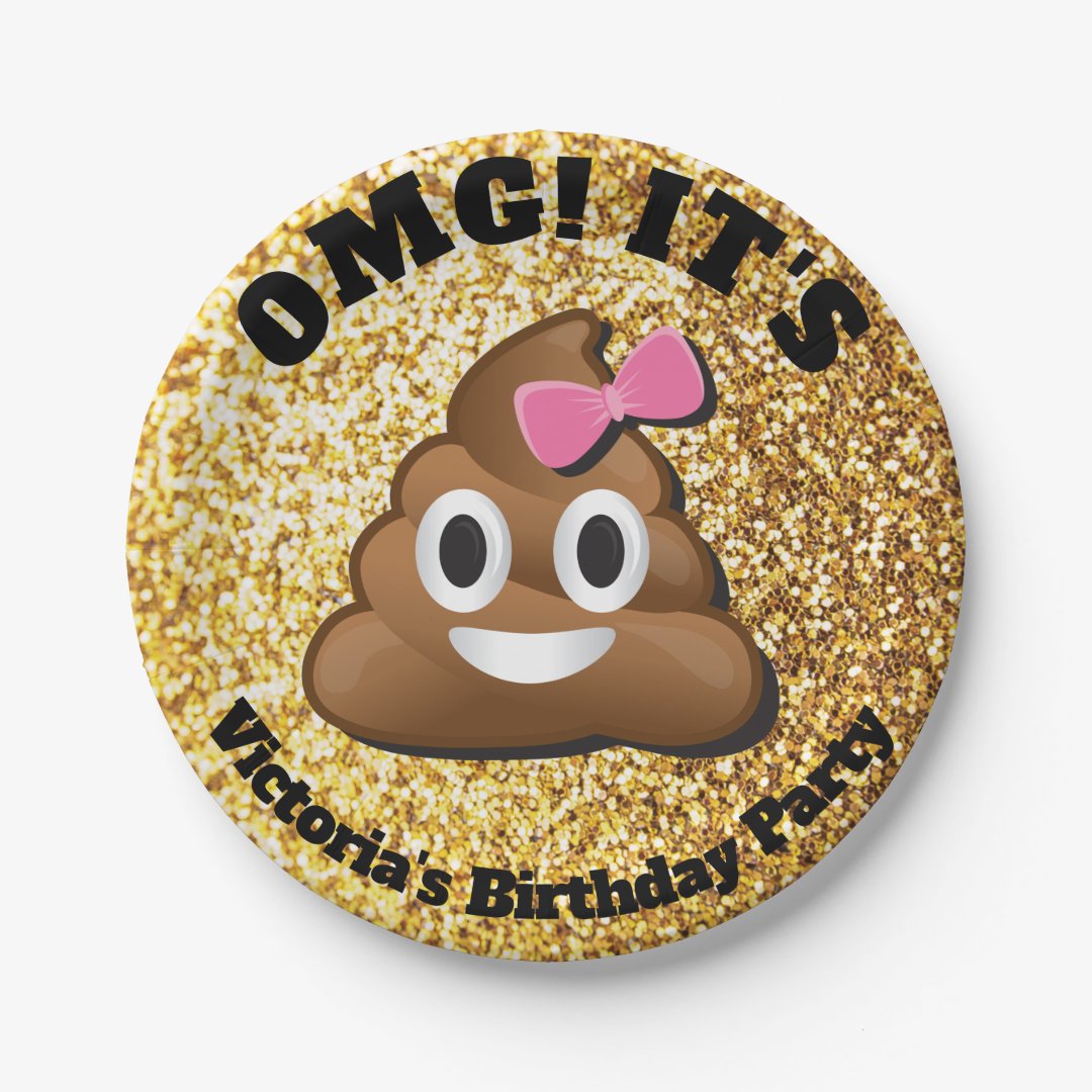 Gold Glitter Poop Emoji Girl Paper Plates | Zazzle