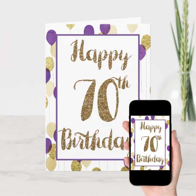 Gold Glitter Purple Balloons Happy 70th Birthday Card | Zazzle