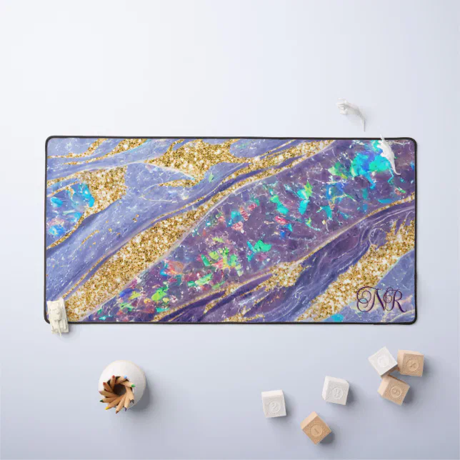 Gold Glitter Purple Holographic Opal & Marble Desk Mat | Zazzle