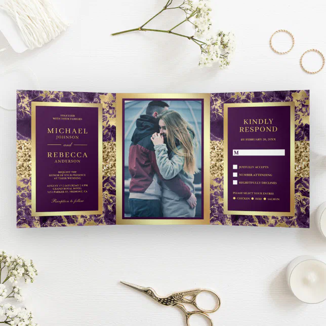 Gold Glitter Purple Marble Photo Wedding Tri-Fold Invitation | Zazzle