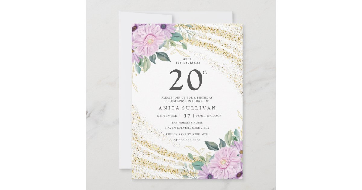 Gold Glitter Purple Rose Twenty 20th Birthday Invitation | Zazzle