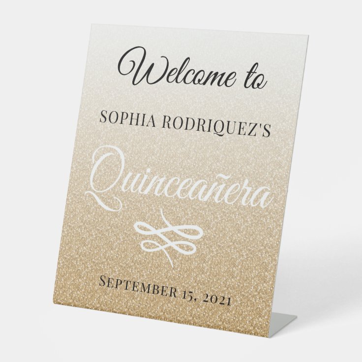 Gold Glitter Quinceañera 15th Birthday Welcome Pedestal Sign | Zazzle