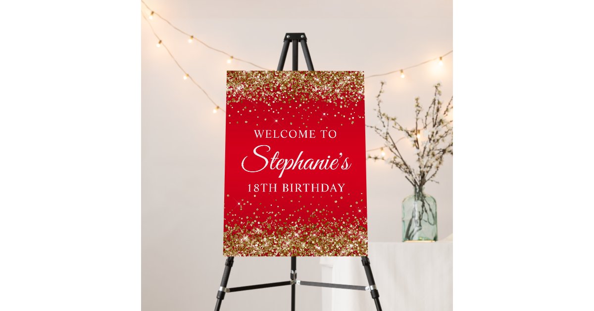 Gold Glitter Red 18th Birthday Party Welcome Foam Board | Zazzle