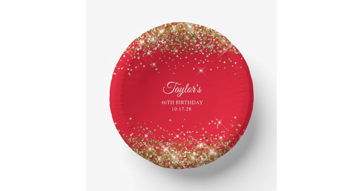 Gold Glitter Red 40th Birthday Paper Bowls | Zazzle
