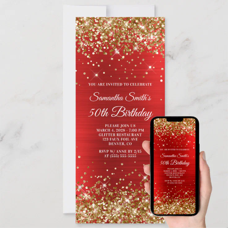 Gold Glitter Red Foil 50th Birthday Invitation Zazzle