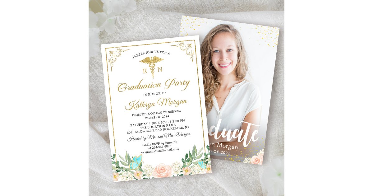 Gold Glitter Rose Garden Nursing Graduation Photo Invitation | Zazzle