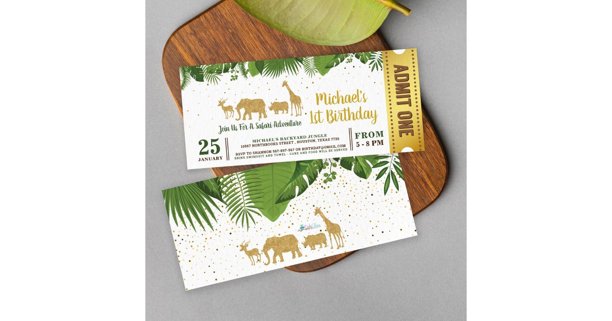 Gold Glitter Safari Adventure Ticket Pass Invitation | Zazzle