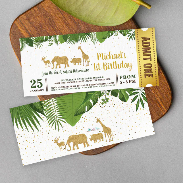 Gold Glitter Safari Adventure Ticket Pass Invitation | Zazzle