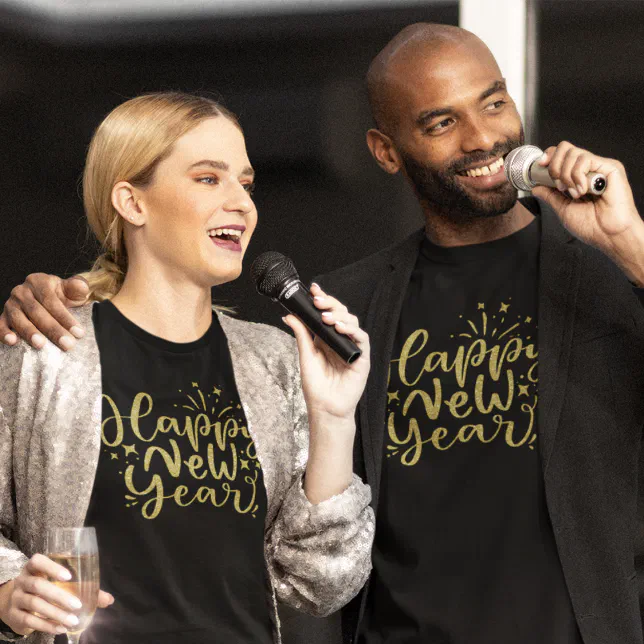 Gold Glitter Script Happy New Year T-Shirt | Zazzle