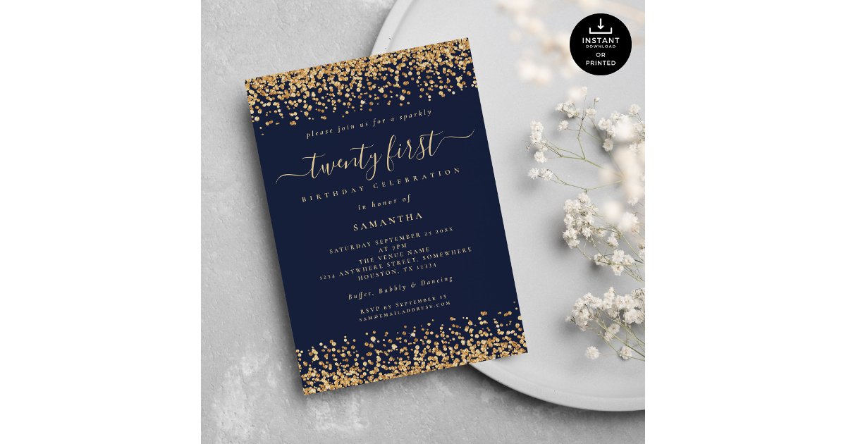 Gold Glitter Script Navy Blue Glam 21st Party Invitation | Zazzle