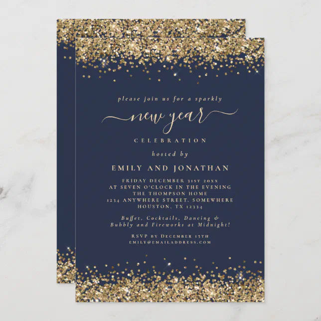 Gold Glitter Script Navy Blue New Years Eve Party Invitation | Zazzle