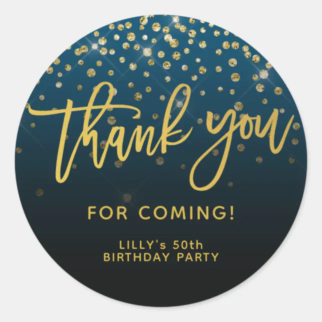 Gold Glitter Script Thank You For Coming Blue Classic Round Sticker ...