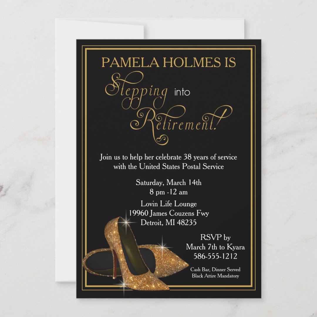 Gold Glitter Shoes Retirement Party Invitation | Zazzle