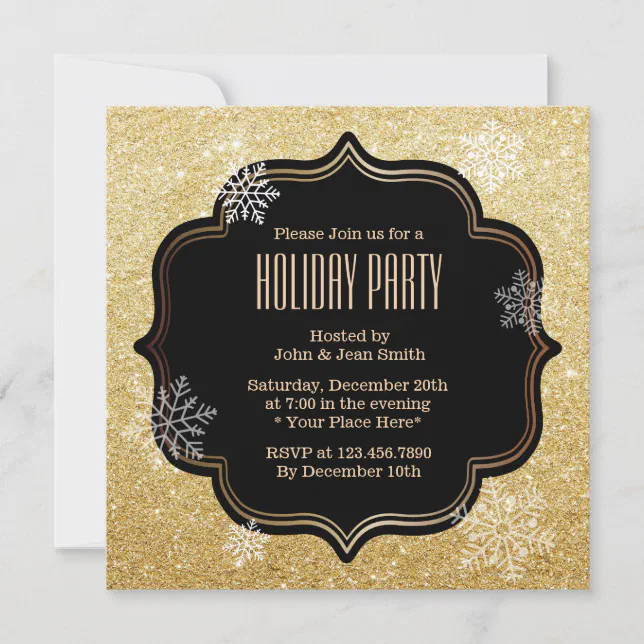 Gold Glitter Snowflakes Holiday Party Invitations | Zazzle