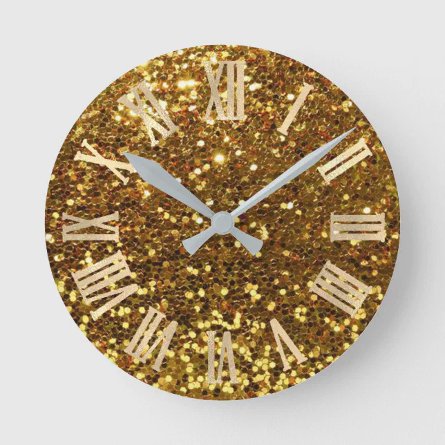 Gold Glitter Sparkly Metallic Roman Numers Round Clock | Zazzle