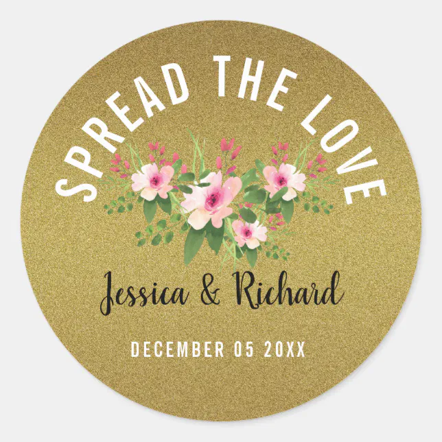 Gold Glitter Spread the Love Floral Wedding Classic Round Sticker | Zazzle