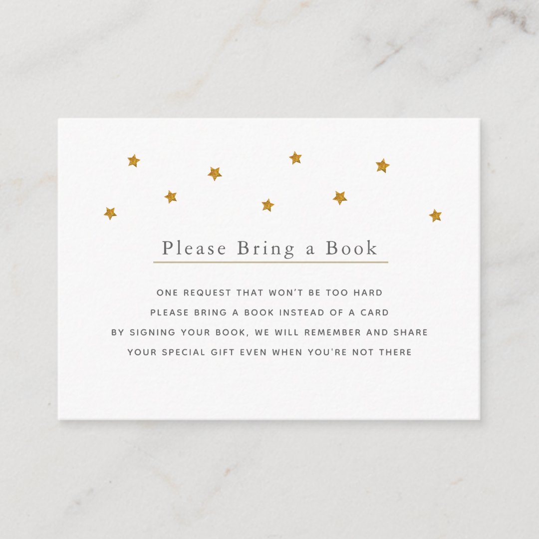 Gold Glitter Stars Please Bring a Book Card | Zazzle