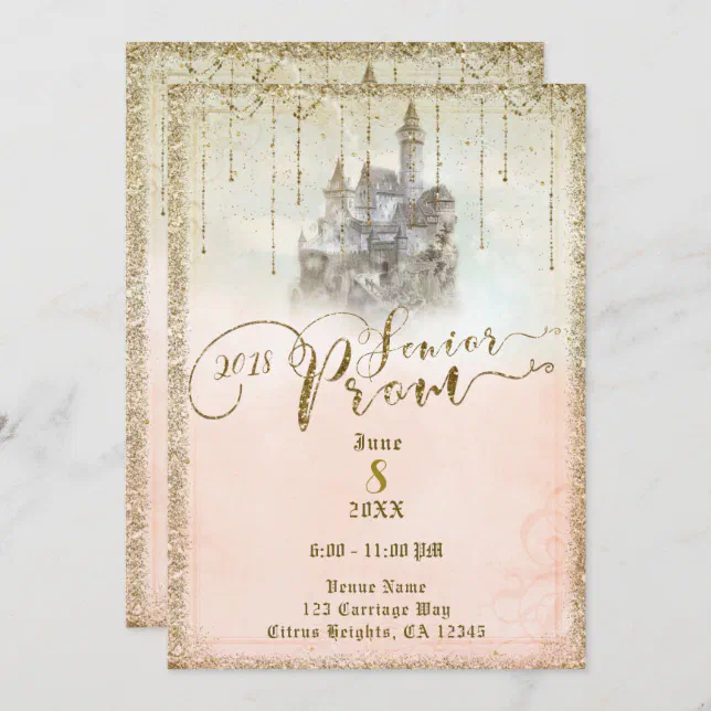 Gold Glitter Storybook Castle Senior Prom 2018 Invitation | Zazzle