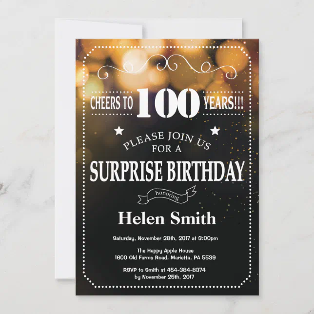 Gold Glitter Surprise 100th Birthday Invitation | Zazzle
