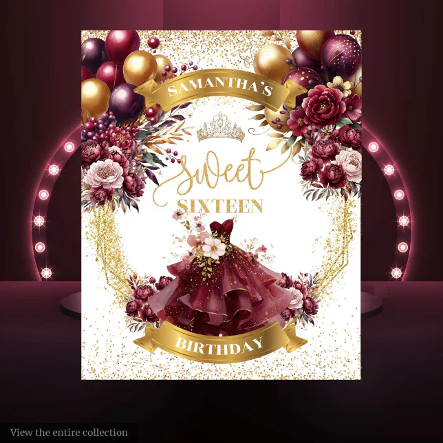Gold Glitter Sweet 16 Backdrop Burgundy Flowers | Zazzle