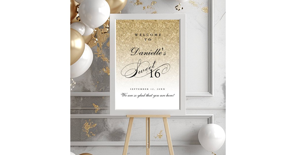 Gold Glitter Sweet 16 Personalized Welcome Poster | Zazzle