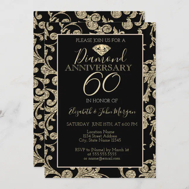 Gold Glitter Swirls Diamond Wedding Anniversary Invitation | Zazzle
