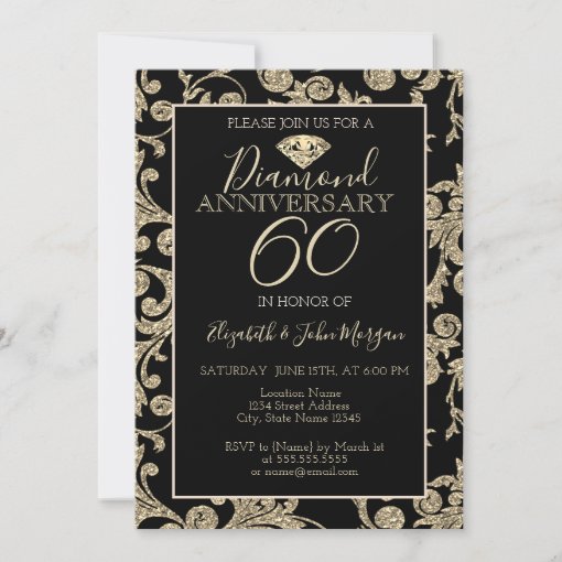 Gold Glitter Swirls Diamond Wedding Anniversary Invitation | Zazzle