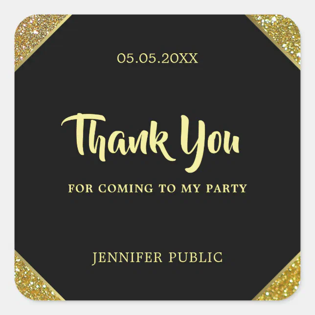 Gold Glitter Template Thank You Hand Script Text Square Sticker | Zazzle