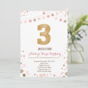 Gold Glitter Third Birthday Invitation | Zazzle