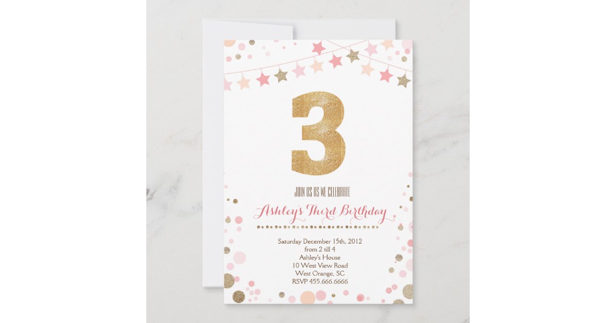 Gold Glitter Third Birthday Invitation | Zazzle