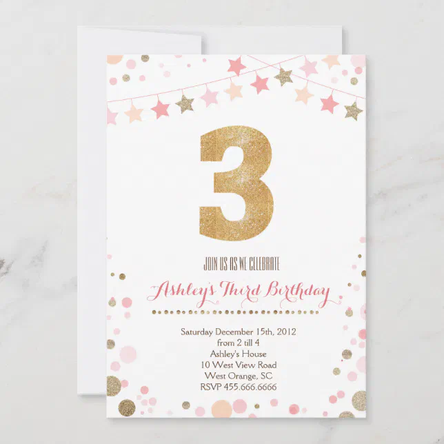 Gold Glitter Third Birthday Invitation | Zazzle