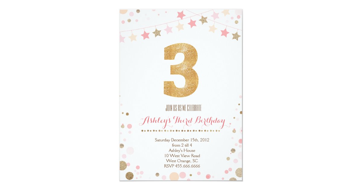 Gold Glitter Third Birthday Invitation | Zazzle.com