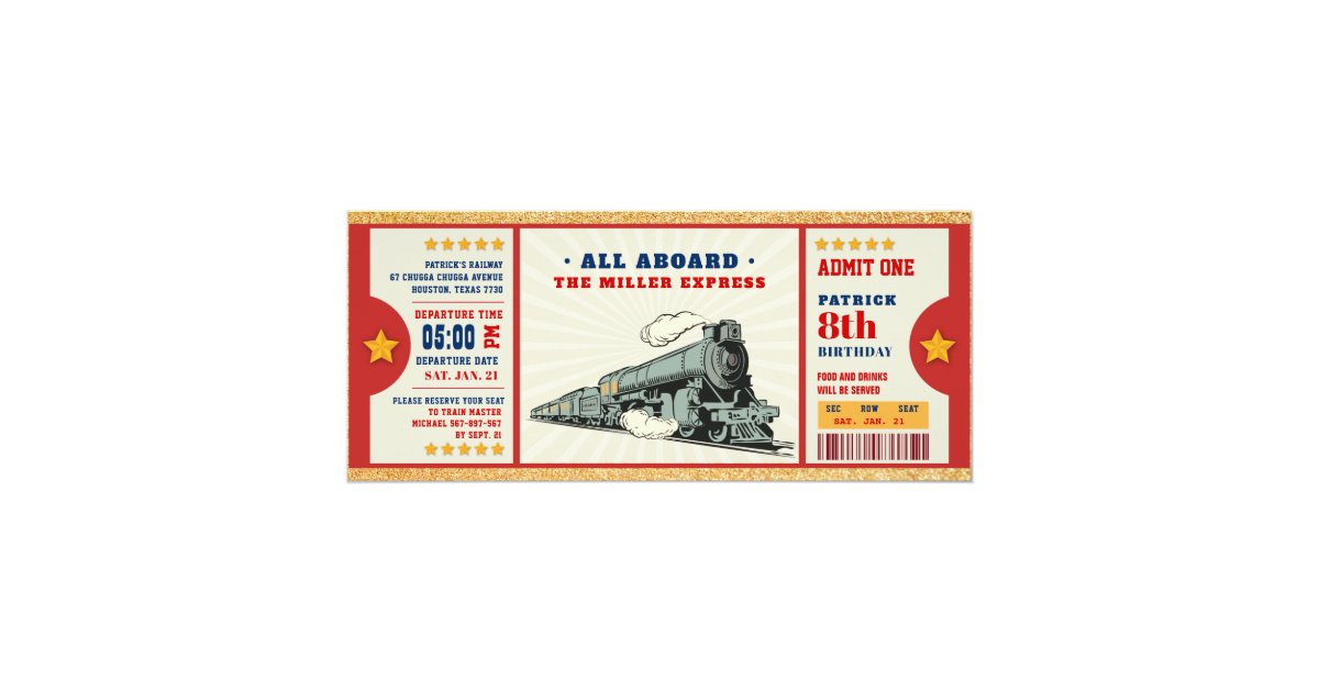 Gold Glitter Train Ticket Birthday Boarding Pass Invitation | Zazzle.com