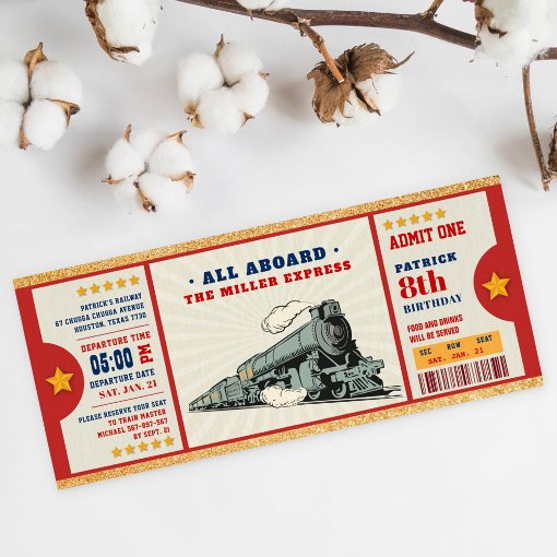 Gold Glitter Train Ticket Birthday Boarding Pass Invitation | Zazzle
