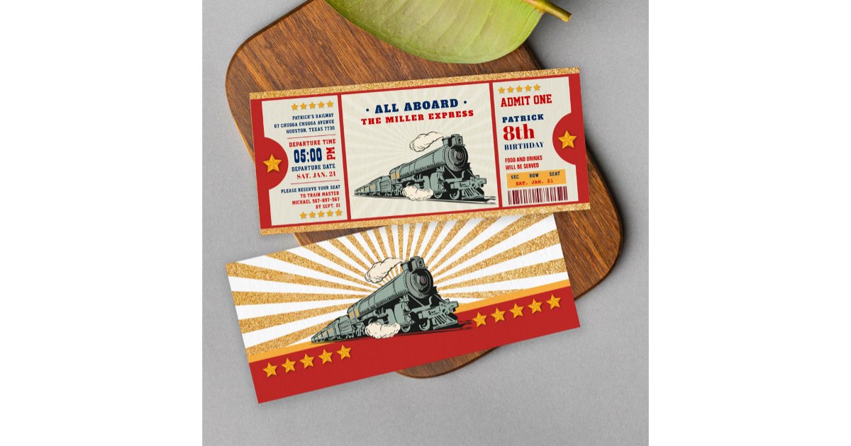Gold Glitter Train Ticket Birthday Boarding Pass Invitation | Zazzle