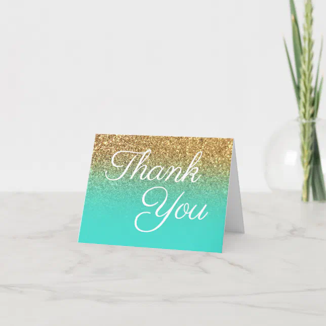 Gold Glitter Turquoise Ombre Elegant Calligraphy Thank You Card | Zazzle