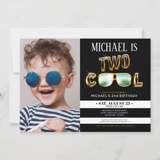 Gold Glitter Two cool party birthday photo Invitation | Zazzle