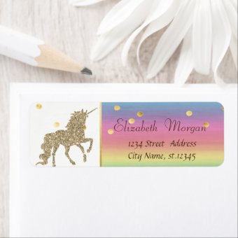 Gold Glitter Unicor, Rainbow, Gold Foil Confetti Label | Zazzle