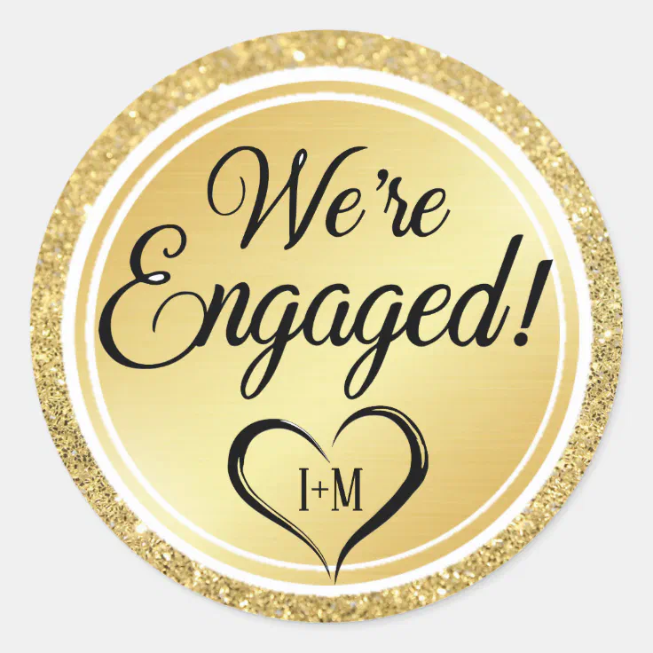 Gold Glitter We're Engaged Monogrammed Heart Classic Round Sticker | Zazzle
