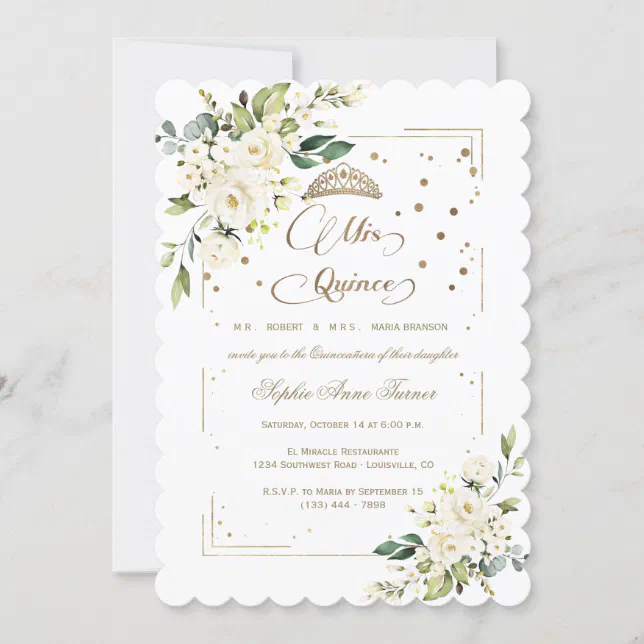Gold Glitter White Floral Mis Quince Quinceañera Invitation | Zazzle